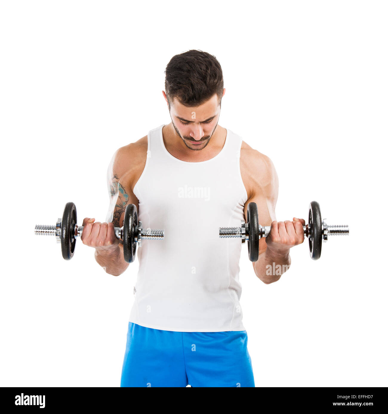 Portrait of a muscular man lifting weights, isolated over a white ...