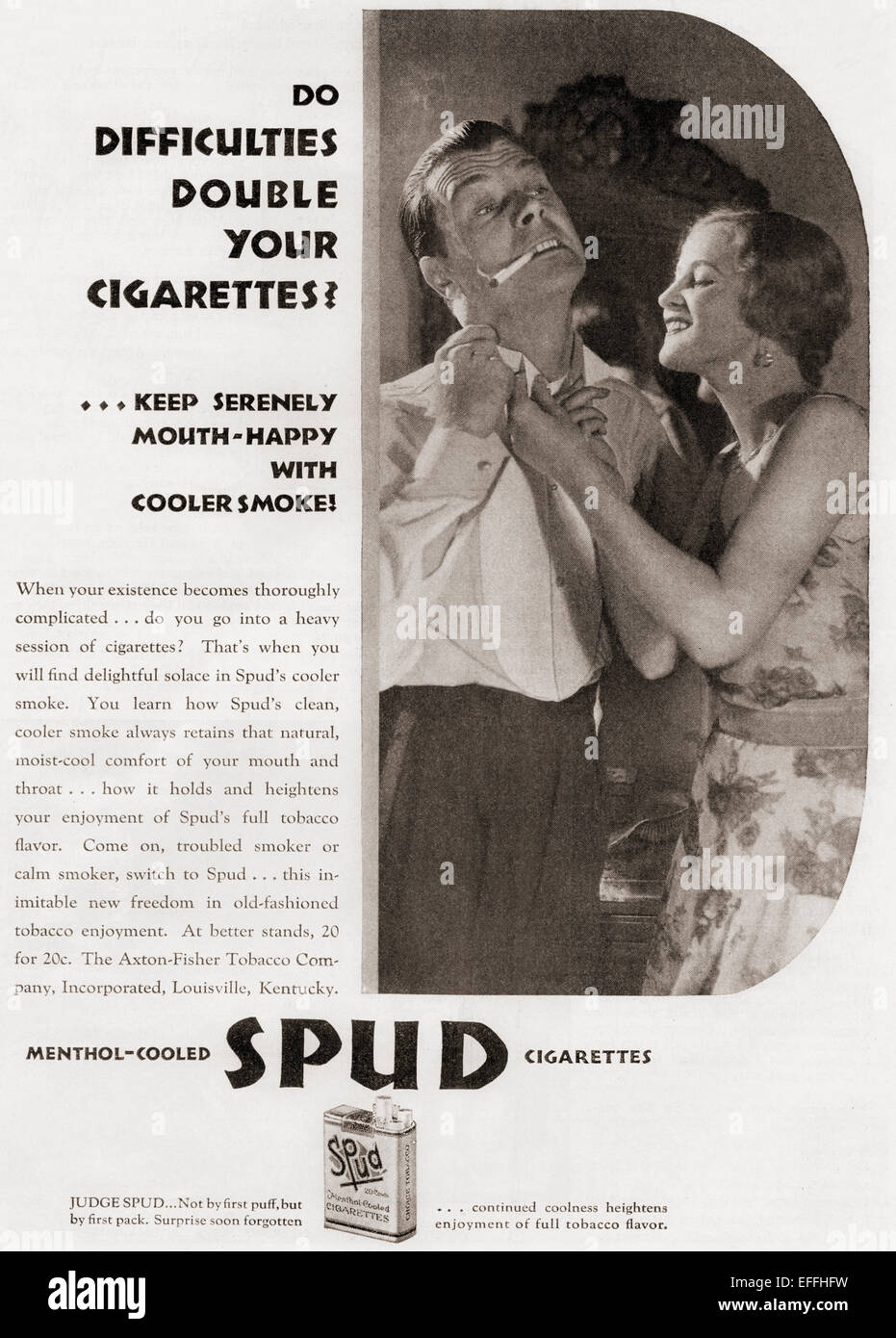 1930's American advertisement for Menthol-Cooled Spud Cigarettes Stock ...