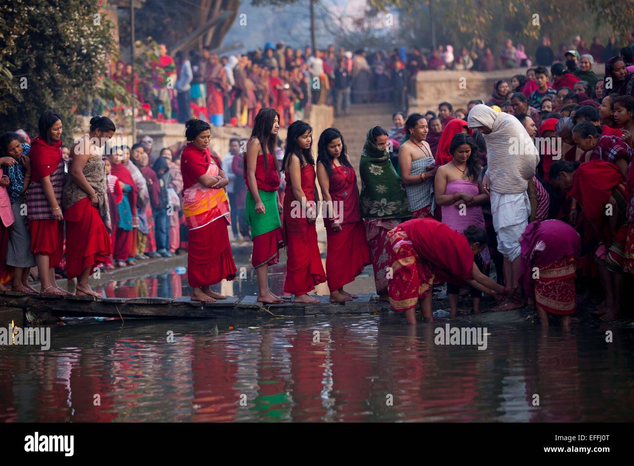 Bhaktapur, Nepal. 3rd Feb, 2015. Nepalese Hindu devotees pray at the ...