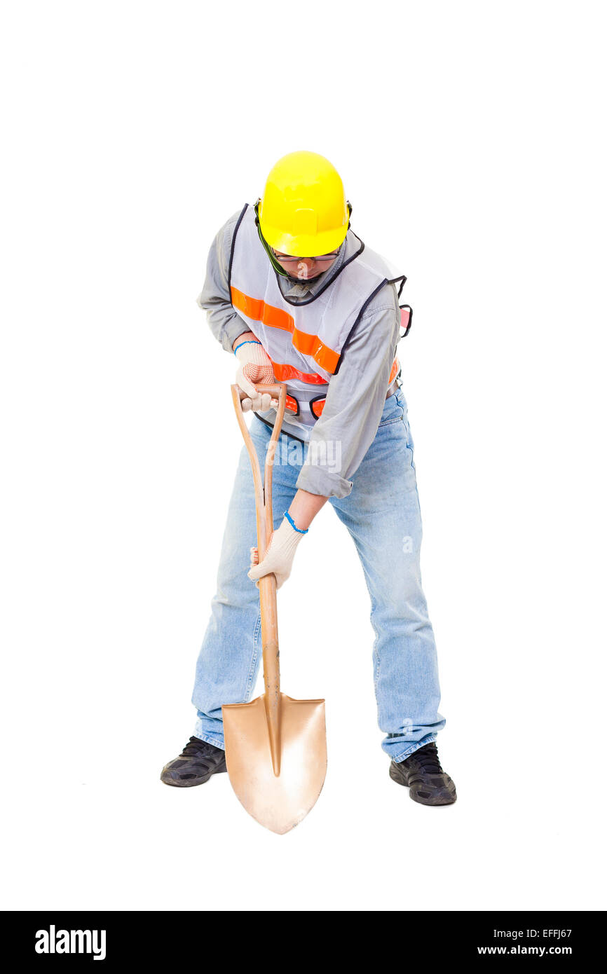 Worker digging with shovel isolated on white Stock Photo - Alamy