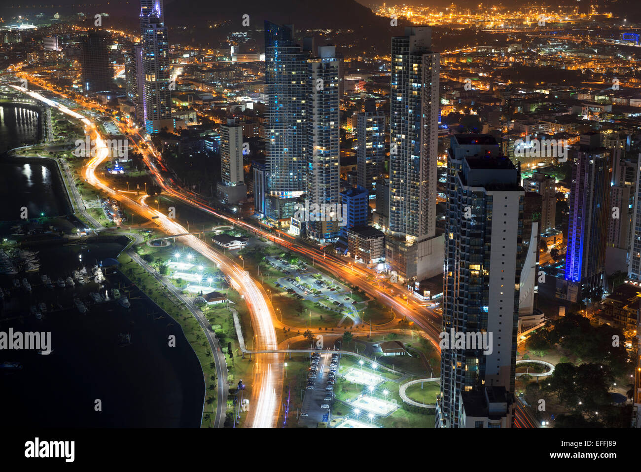 Skyline, Panama City, Panama, Central America by night. Cinta Costera ...