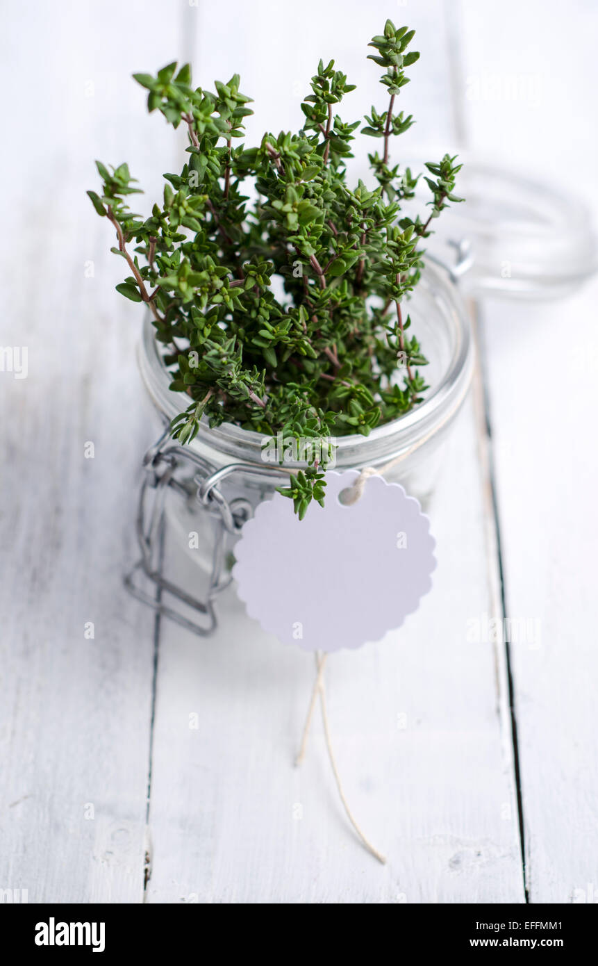 Fresh thyme in a preserving jar on wood Stock Photo - Alamy