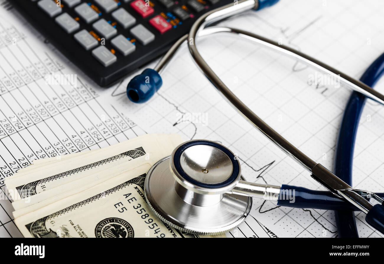 Stethoscope and calculator symbol for health care costs or medical ...