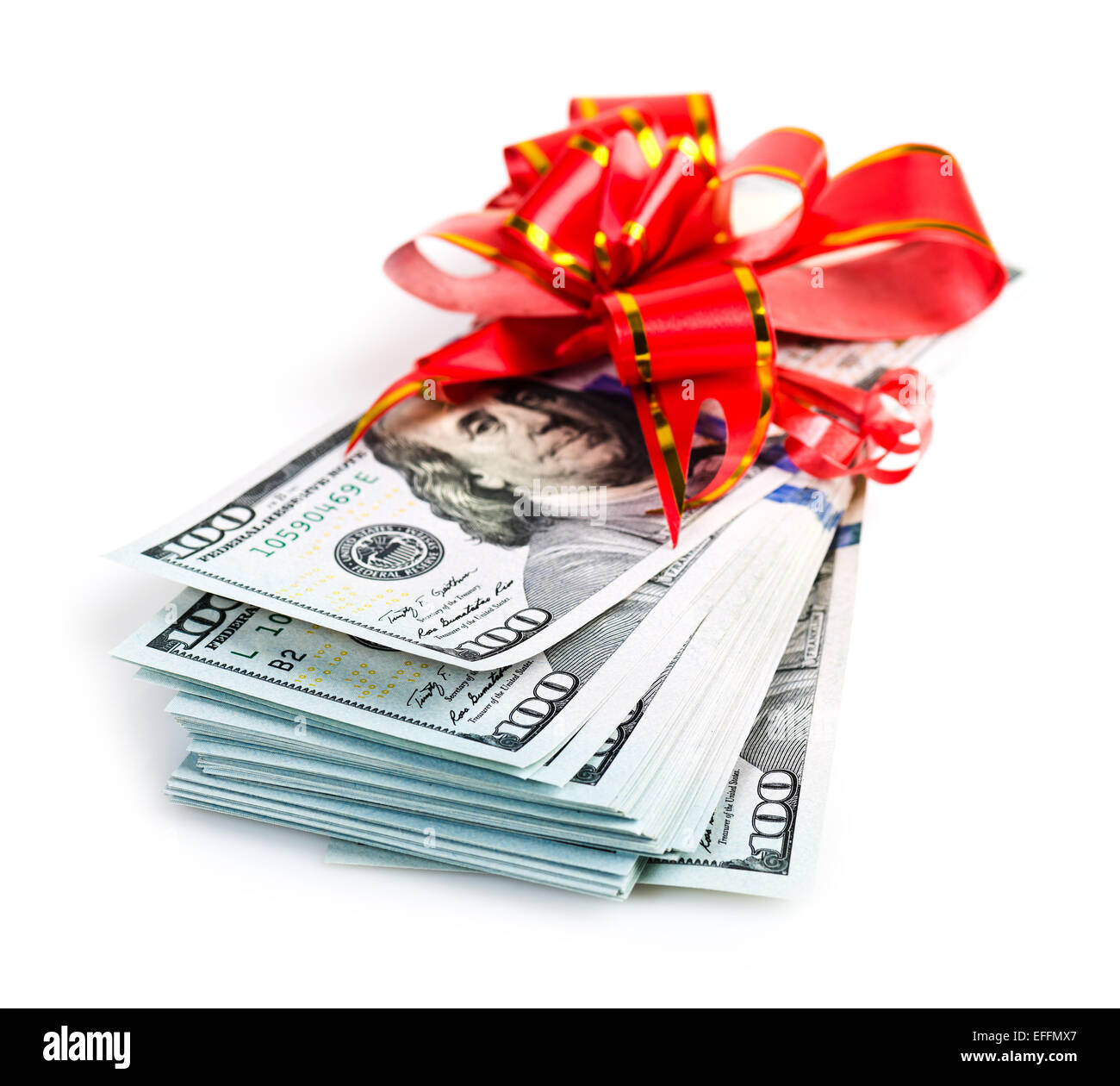 Money gift, big stack of dollars with red bow isolated on white ...