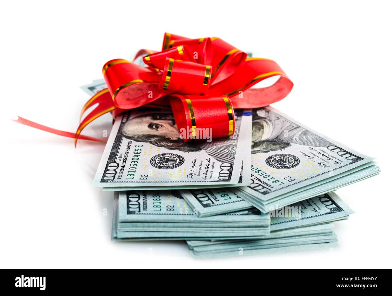 Money gift, big stack of dollars with red bow isolated on white ...