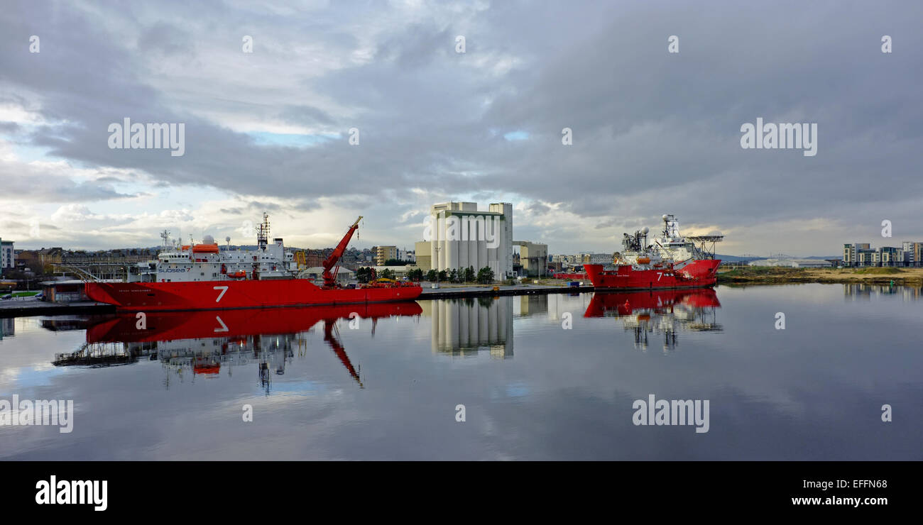 Three Subsea 7 vessels moored at the Port of Leith, Edinburgh Stock ...