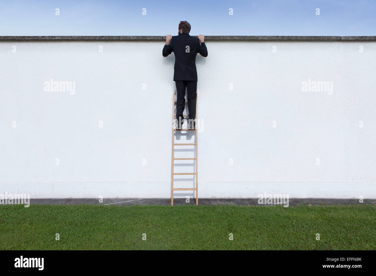 Business men with ladder on wall Stock Photo - Alamy