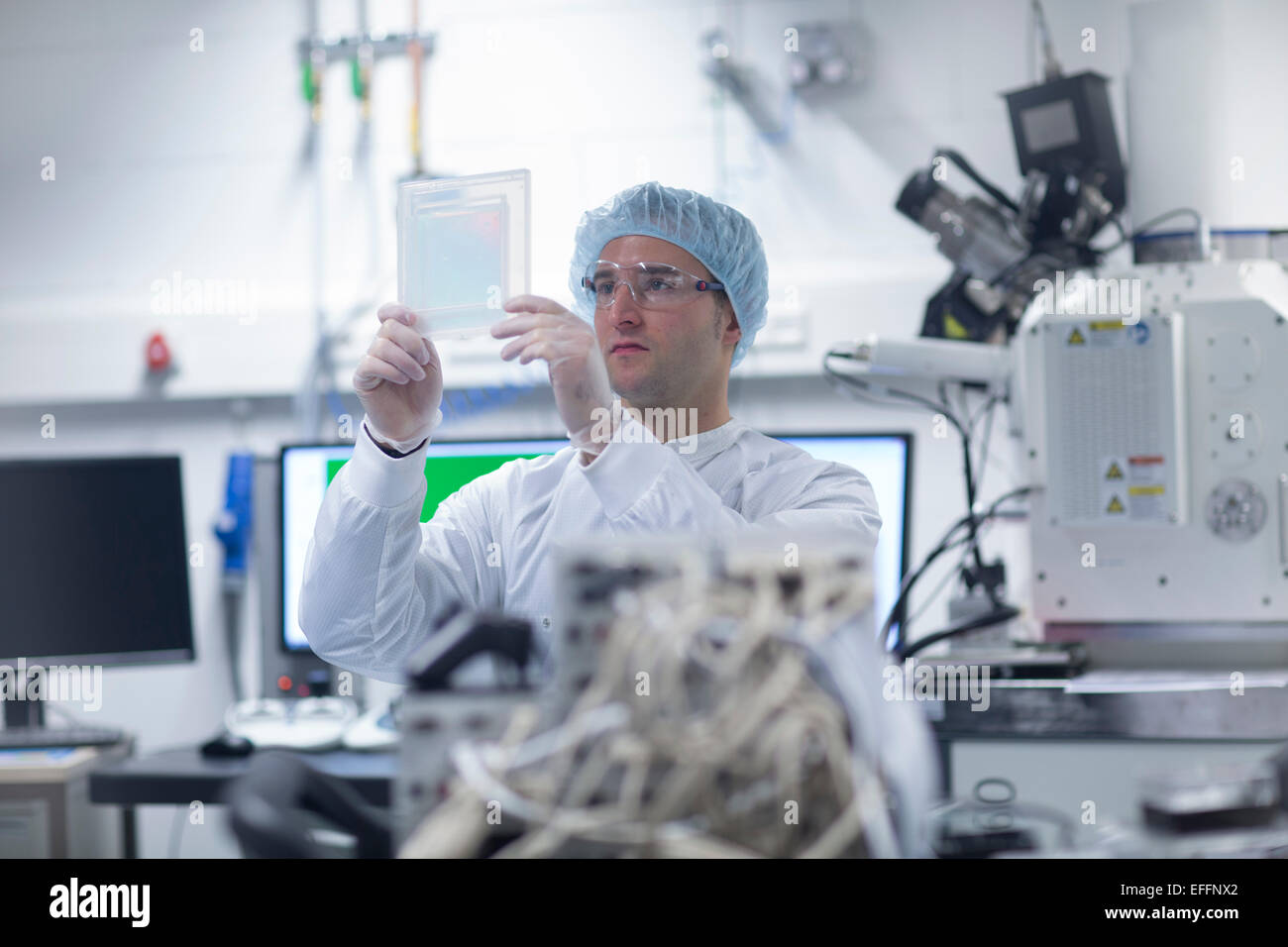 Technician in cleanroom examining sample Stock Photo - Alamy