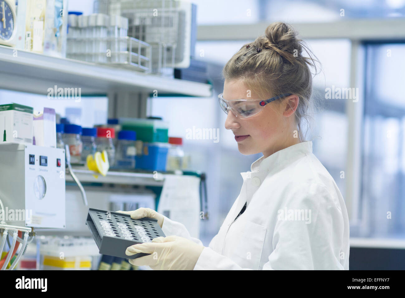 Biologist in laboratory holding rack Stock Photo - Alamy