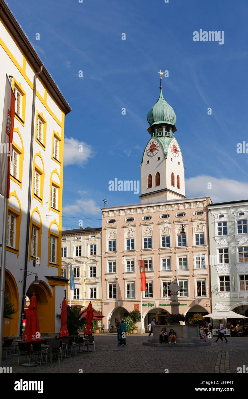 Germany, Bavaria, Rosenheim, Max-Josefs-Platz and St. Nicholas' Church ...