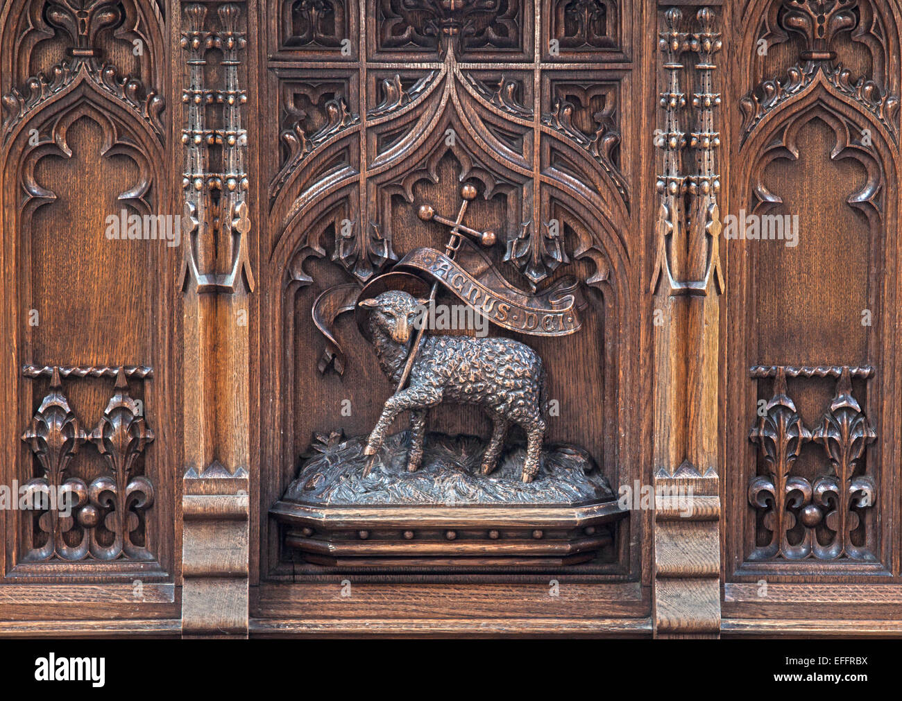 Oak carving of the Lamb of God at St. Leonard church Middleton, Greater ...
