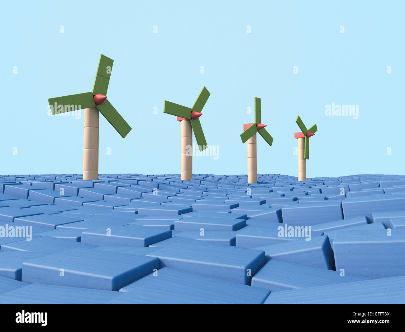 Row of Offshore wind wheels made of building bricks, 3D Rendering Stock ...