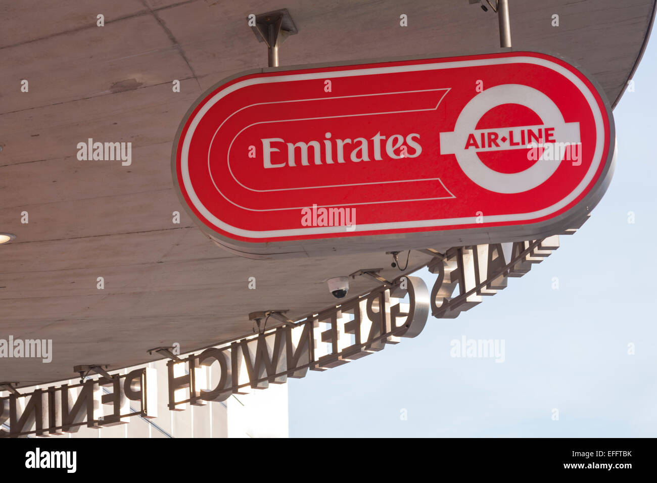 Emirates Air Line sign for cable car ride between Greenwich Peninsula ...