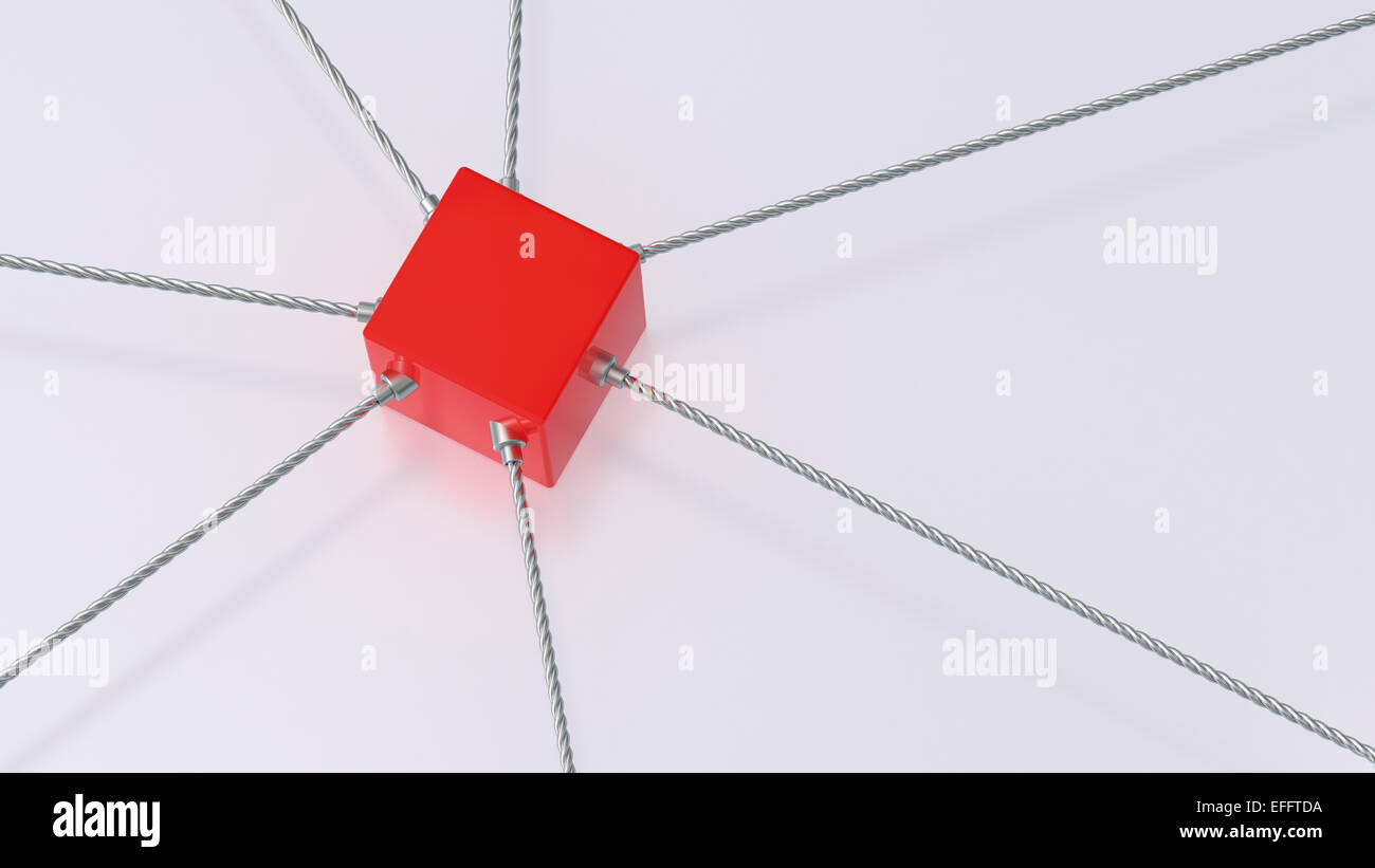 3D rendering of red cube attached to ropes Stock Photo - Alamy