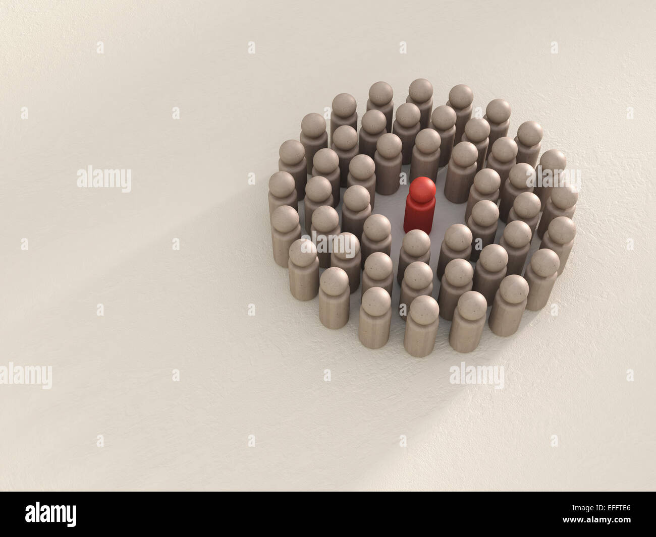 3D rendering of group of game pieces circling red game piece Stock ...