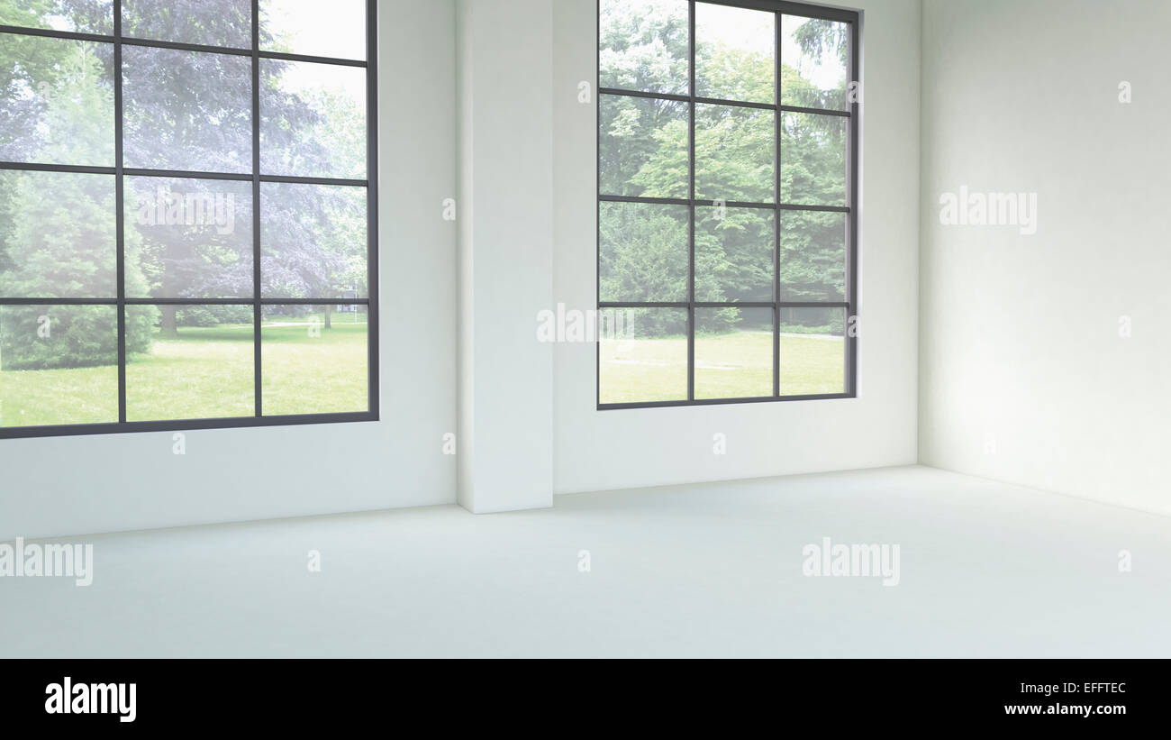 3D rendering of empty room with windows Stock Photo - Alamy