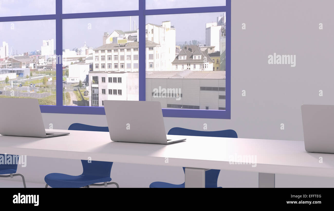 3D rendering of laptops in conference room Stock Photo - Alamy