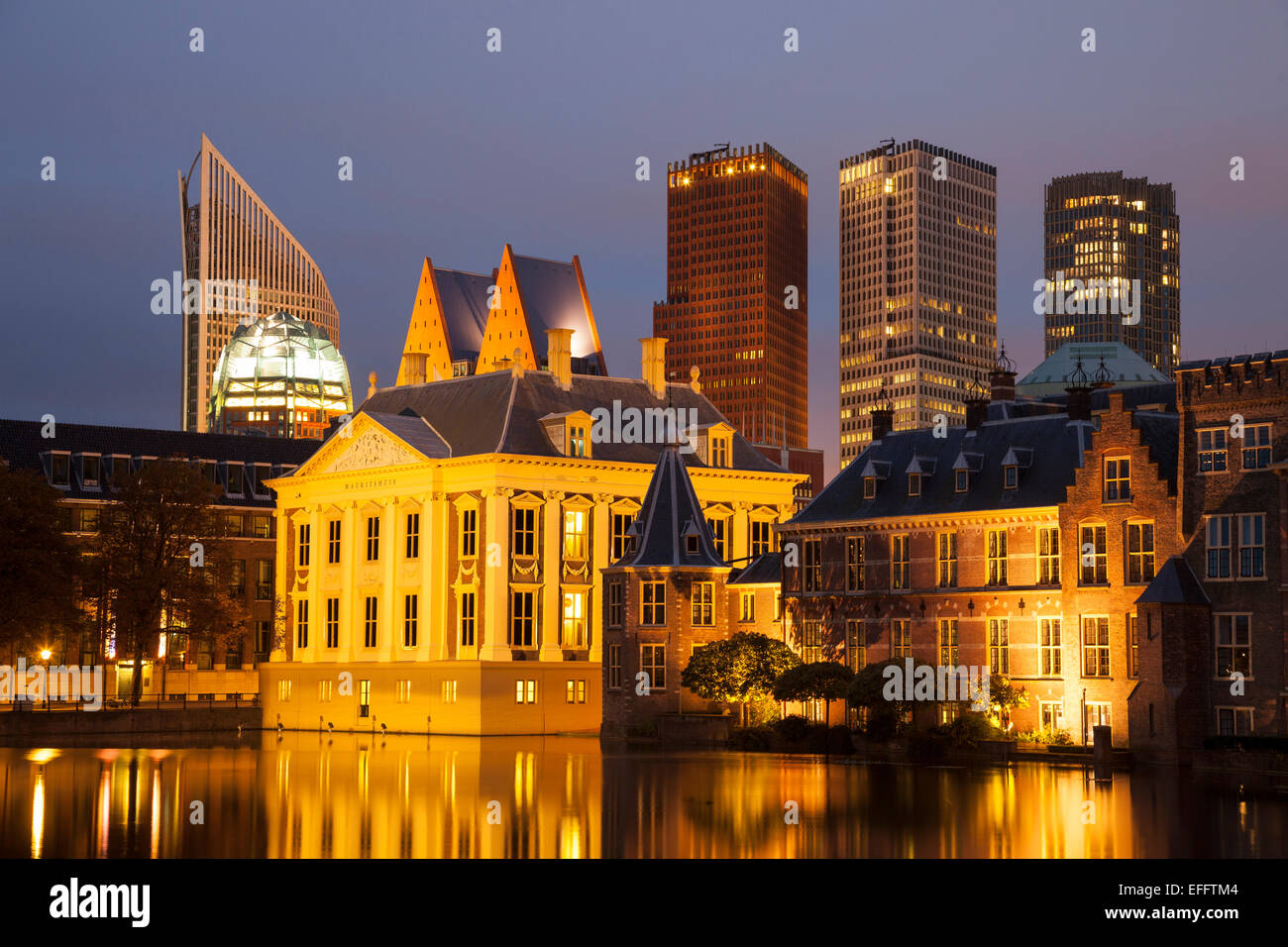 Netherlands, The Hague, Binnenhof, high rise buildings and Museum ...