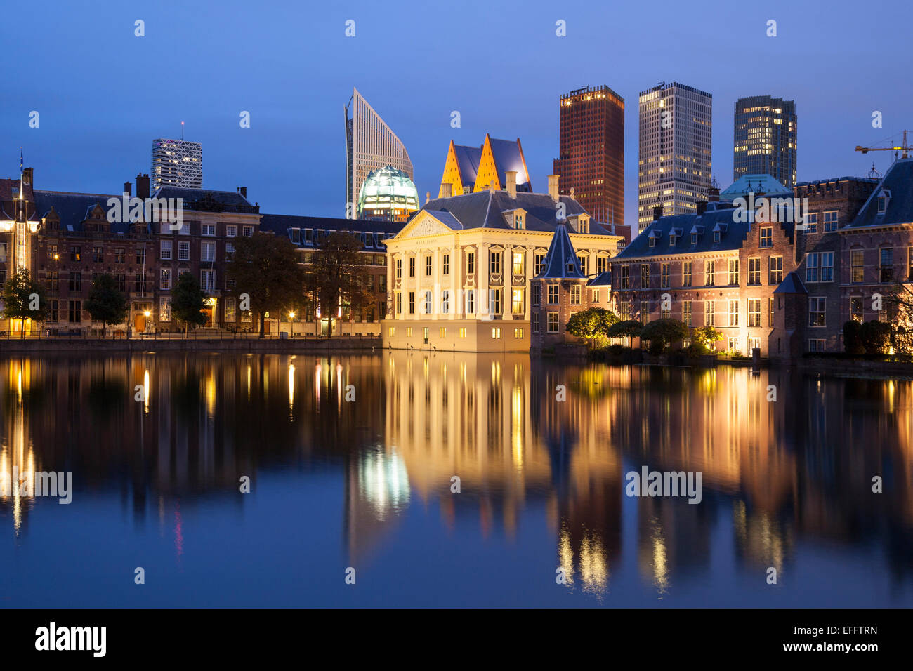 Netherlands, The Hague, Binnenhof, high rise buildings and Museum ...