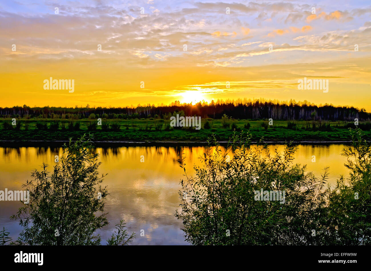 Sunset on river with trees and bushes Stock Photo - Alamy