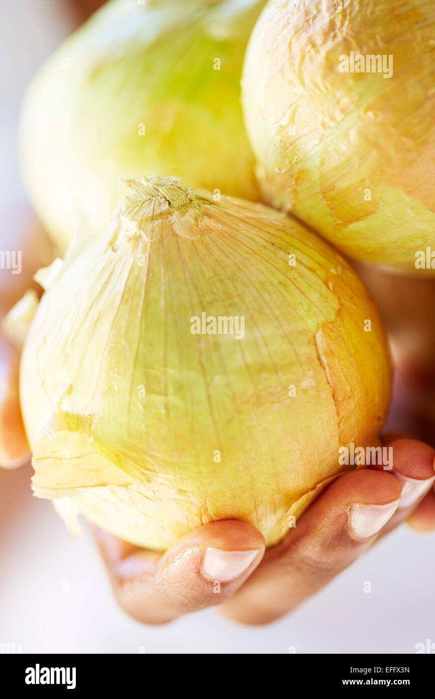 Woman's hands holding onions Stock Photo - Alamy