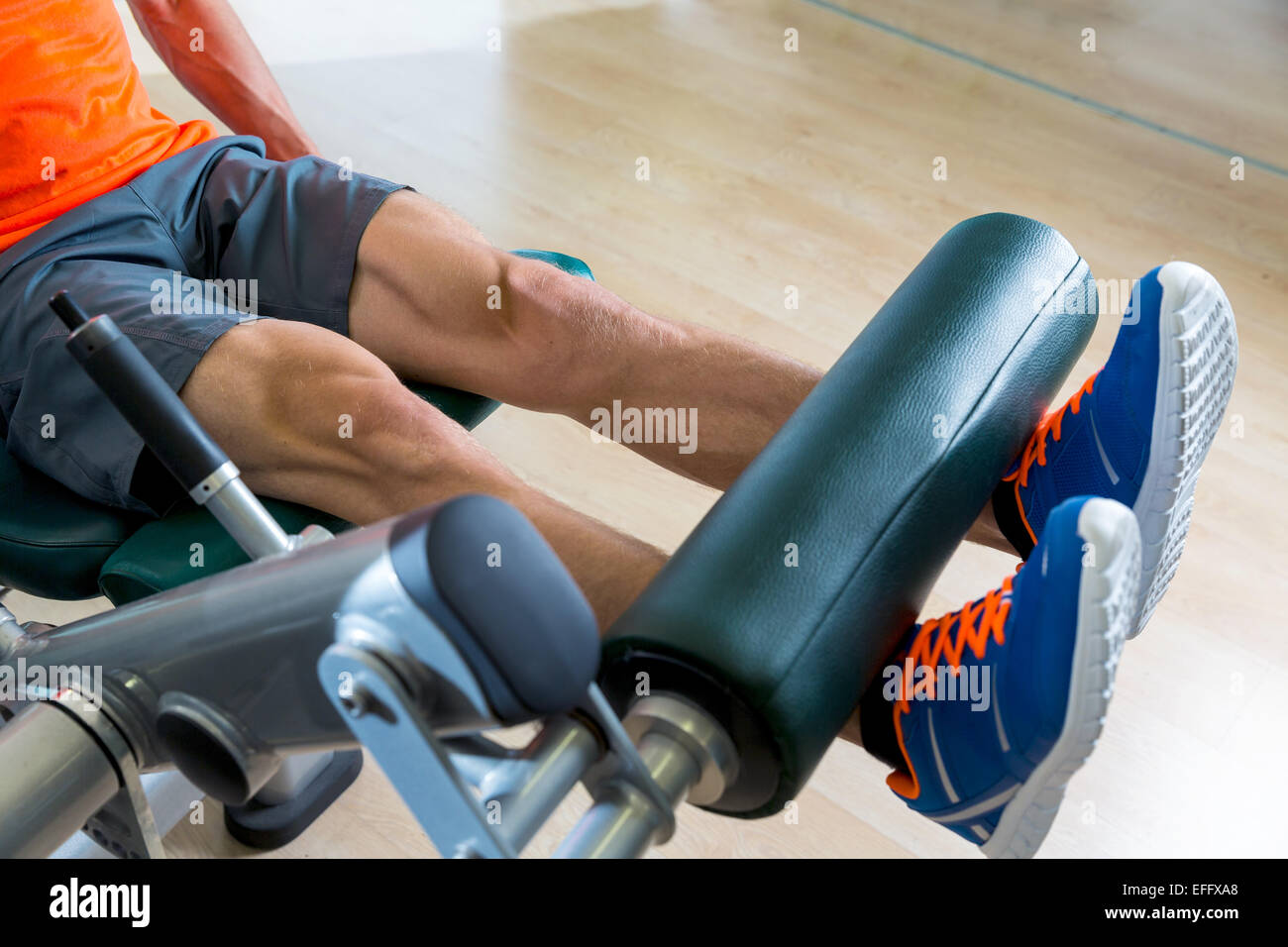 Leg extension exercise man at gym indoor workout Stock Photo - Alamy