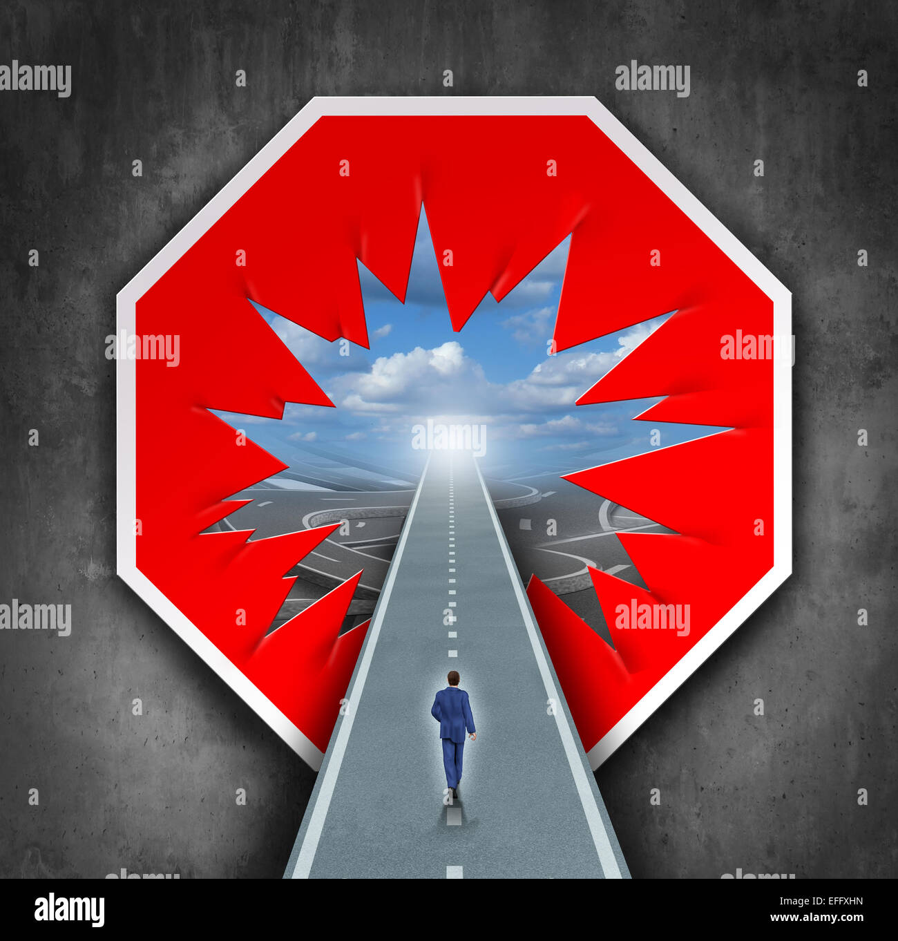 Business breakthrough and overcoming road blocks as a red and white ...