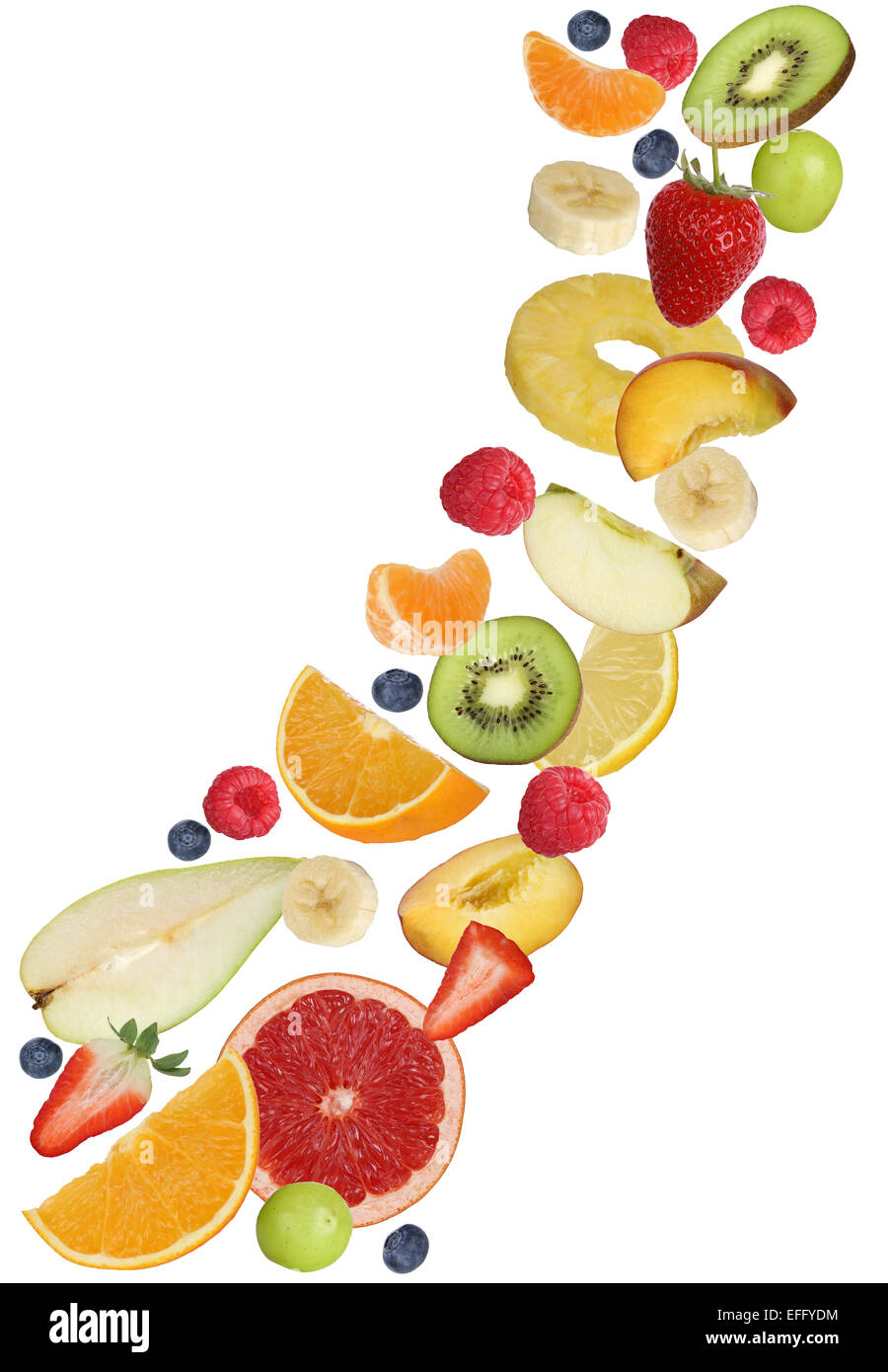 Flying fruits like apples fruit, oranges, kiwi, peach, banana and ...