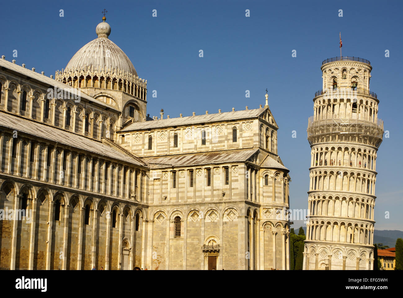 Pisa Cathedral Square with green grass on a meadow and clear blue sky ...