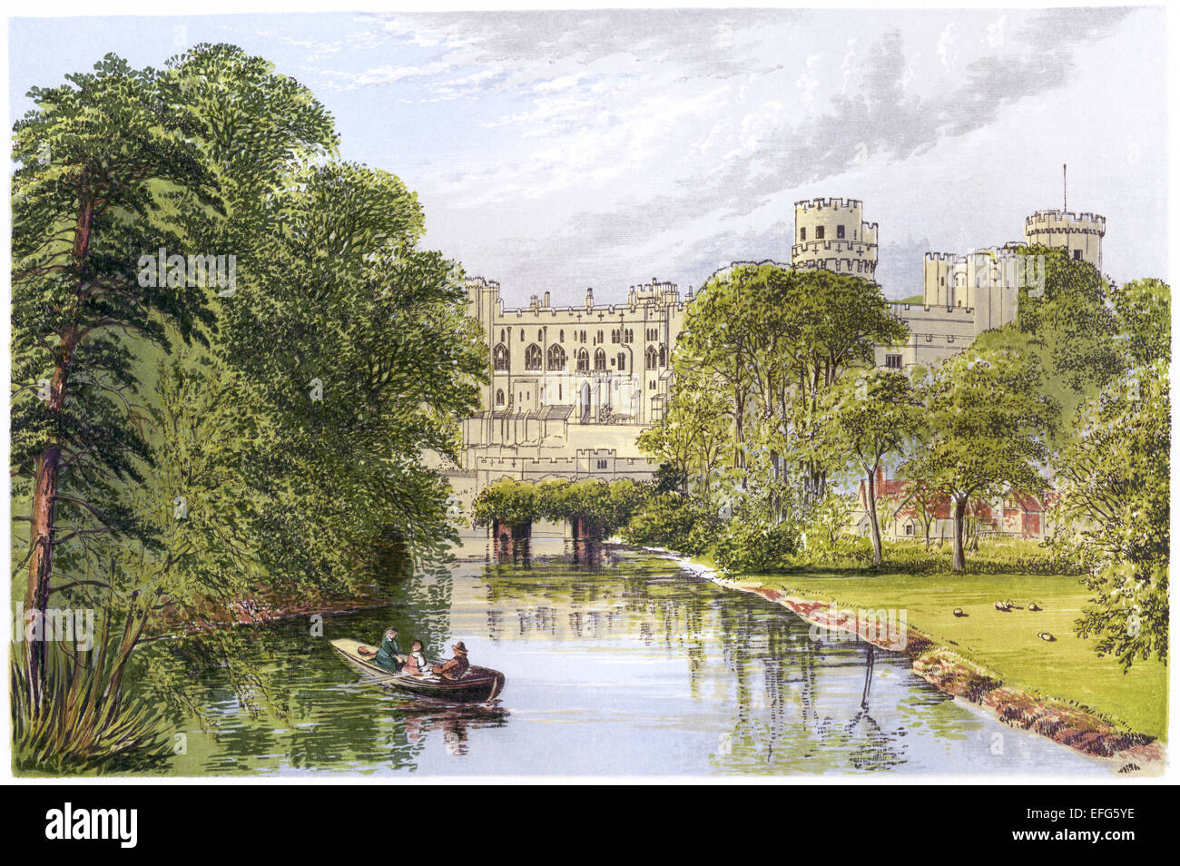 A coloured illustration of Warwick Castle scanned at high resolution ...