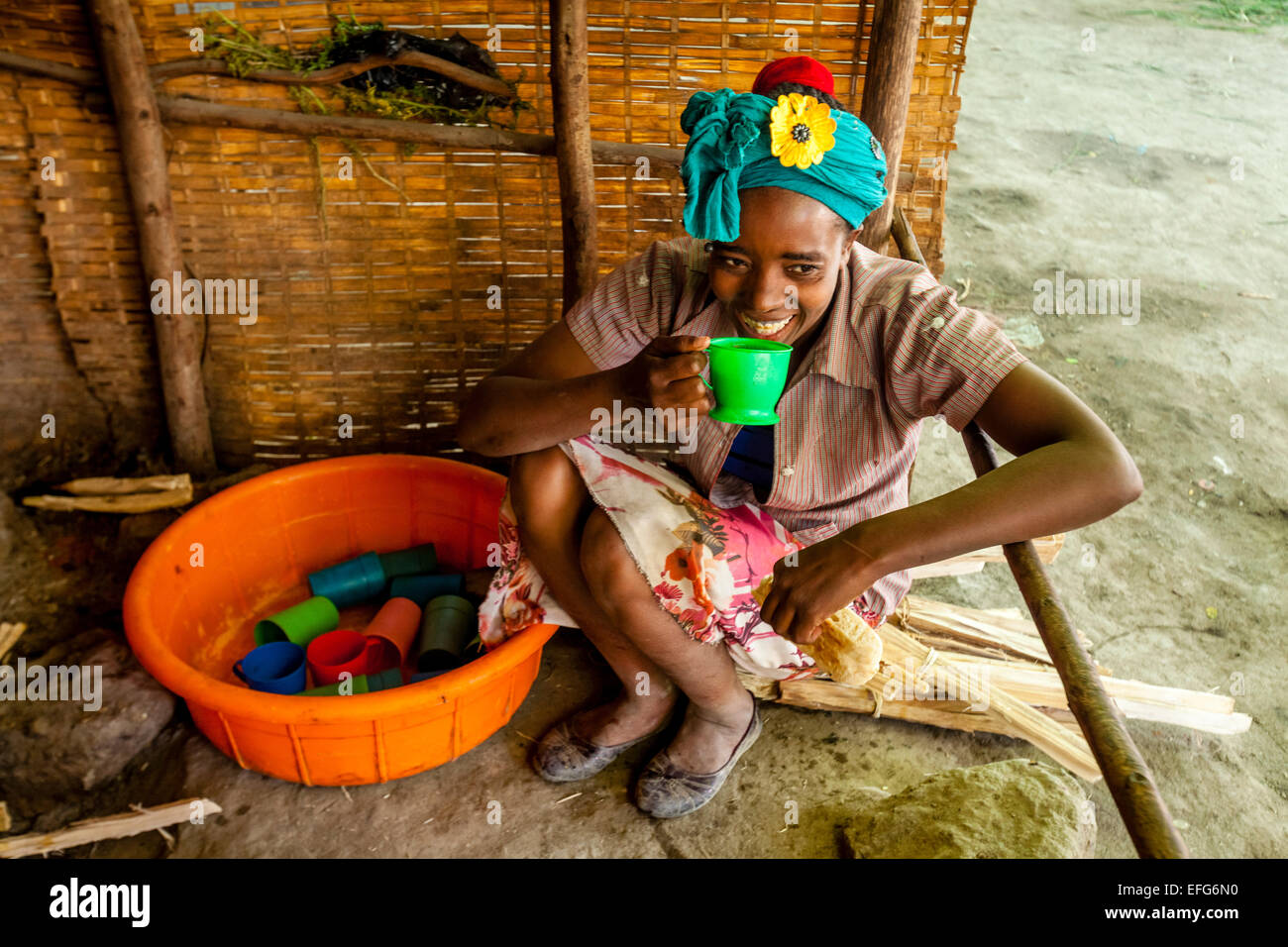 A Young Girl Drinking Tea At The Fish Market, Lake Hawassa, Hawassa ...