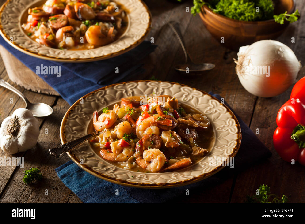 Homemade Shrimp and Sausage Cajun Gumbo Over Rice Stock Photo - Alamy