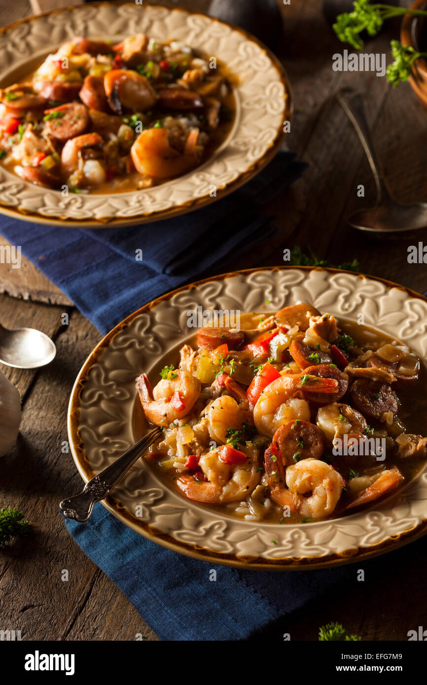 Homemade Shrimp and Sausage Cajun Gumbo Over Rice Stock Photo - Alamy