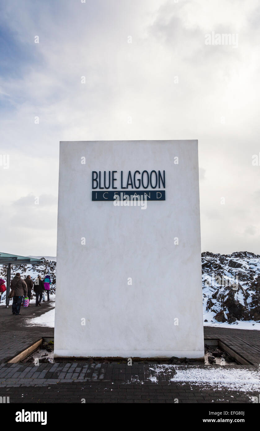 Sign on a large stone block at the entrance of the Blue Lagoon, a ...