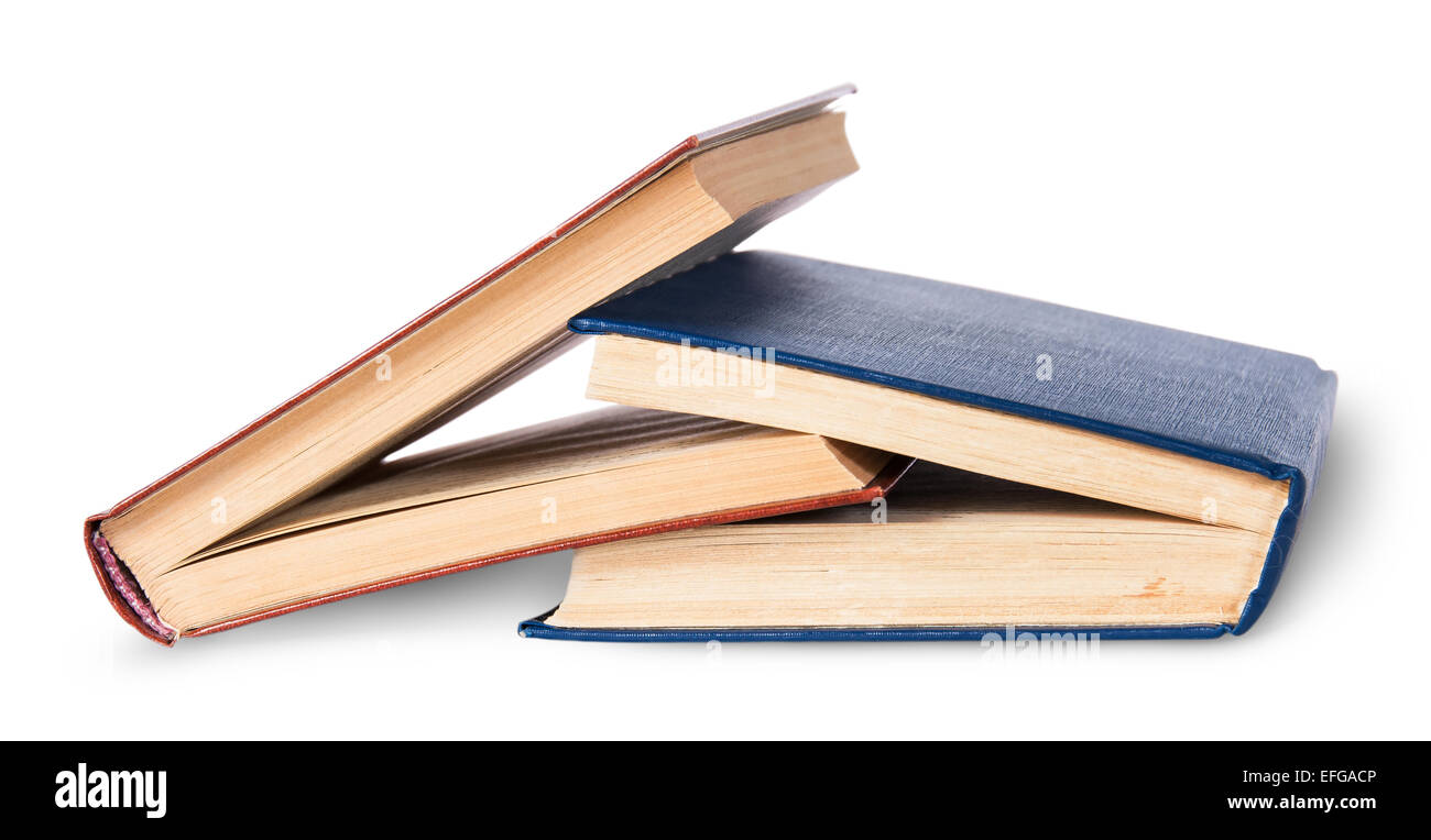 Two old books imbedded in one another rotated isolated on white ...