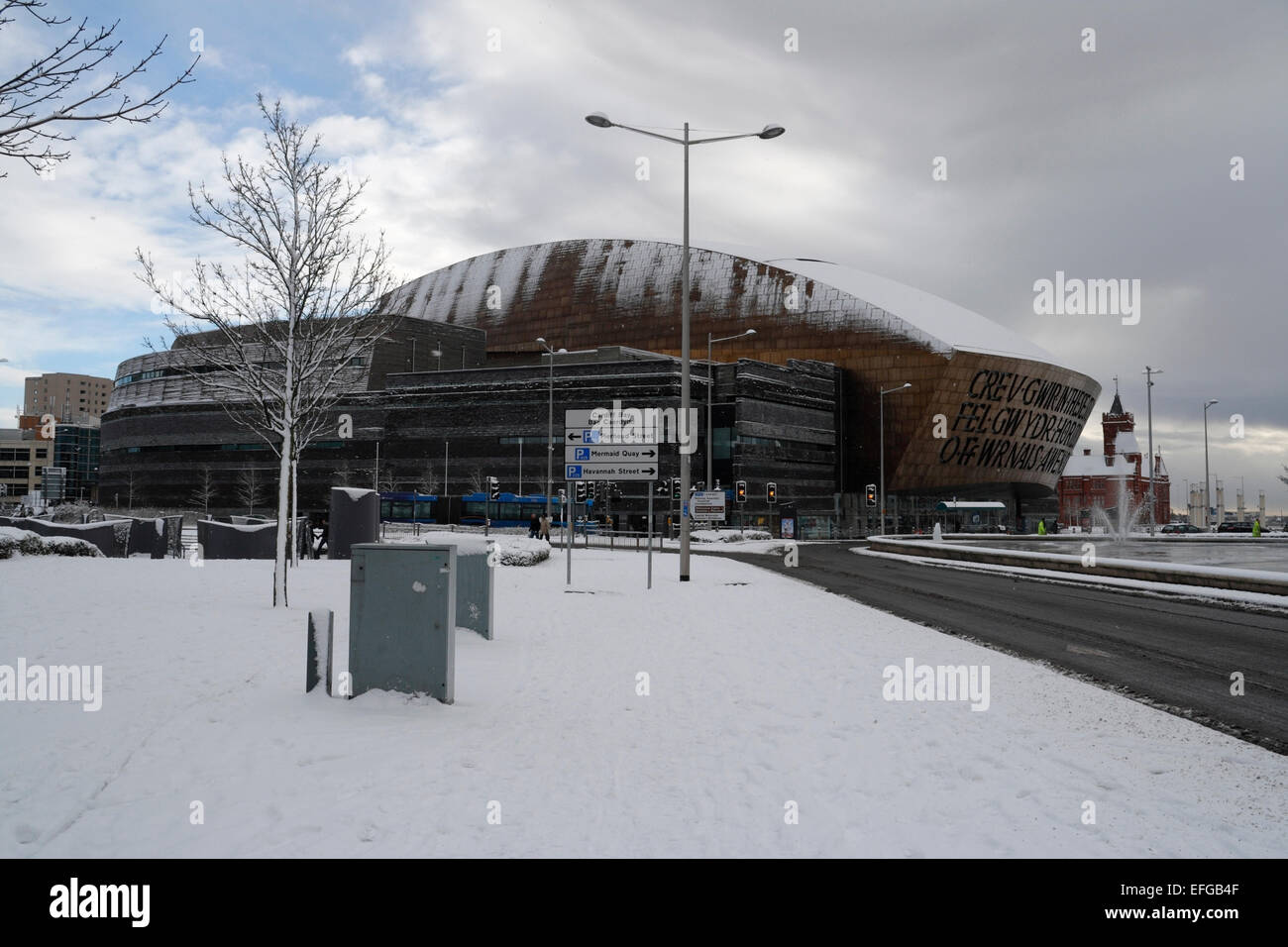 Millennium Centre in Cardiff Bay Wales covered in snow Stock Photo - Alamy