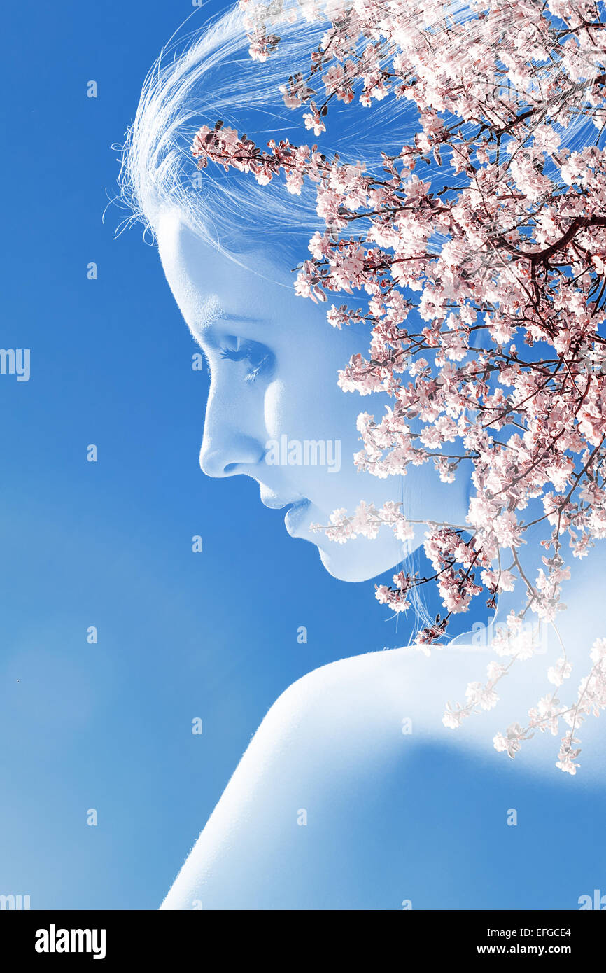 beautiful sensual woman with bare shoulder, double exposure effect ...