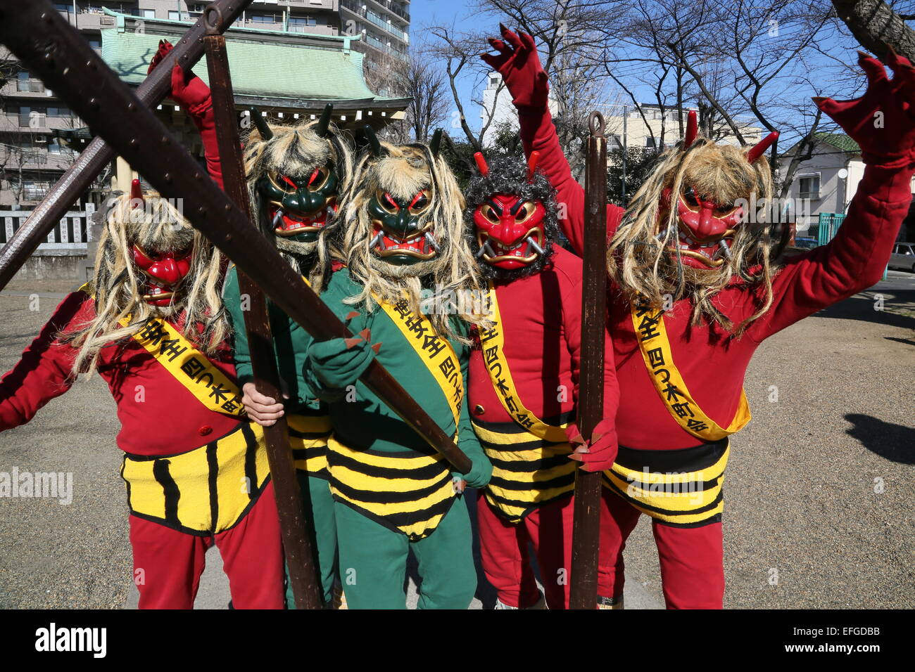 Tokyo, Japan. 3rd Feb, 2015. Color-costumed devils pose at a local ...