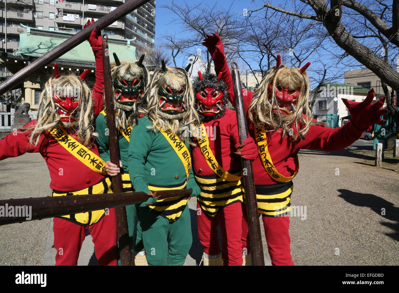 Tokyo, Japan. 3rd Feb, 2015. Color-costumed devils pose at a local ...