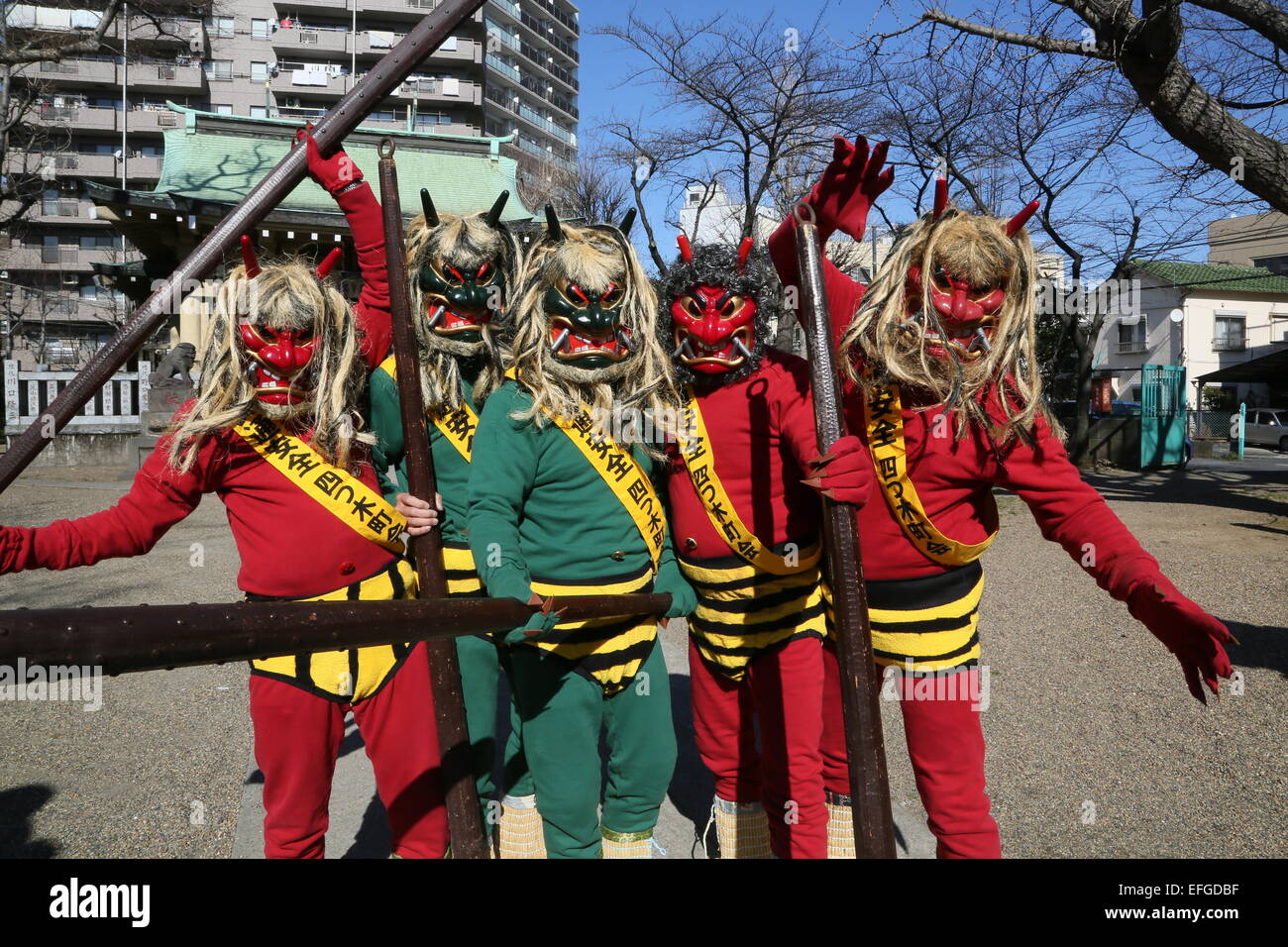 Tokyo, Japan. 3rd Feb, 2015. Color-costumed devils pose at a local ...