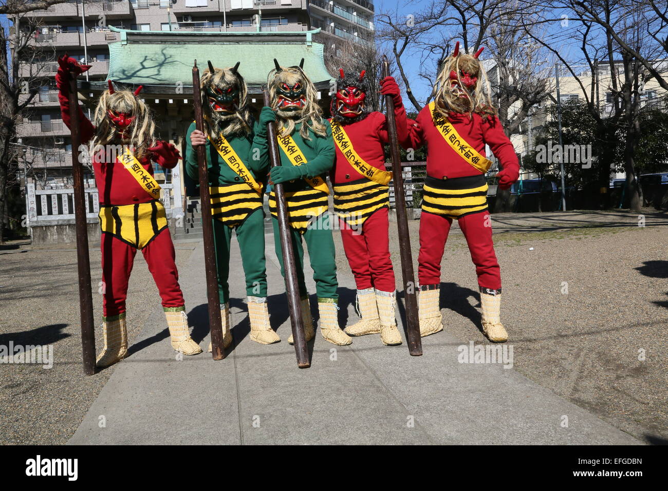 Tokyo, Japan. 3rd Feb, 2015. Color-costumed devils pose at a local ...