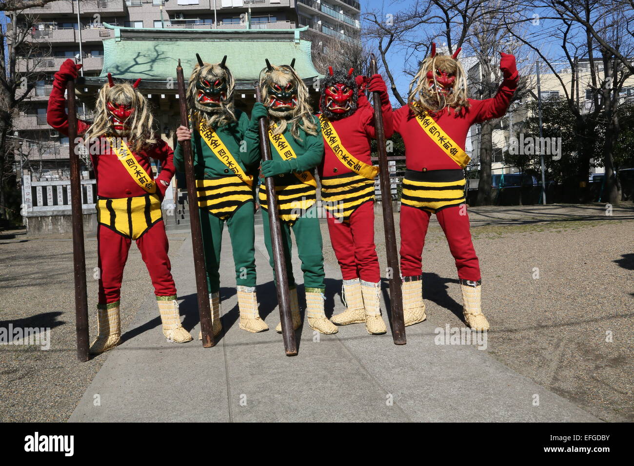 Tokyo, Japan. 3rd Feb, 2015. Color-costumed devils pose at a local ...