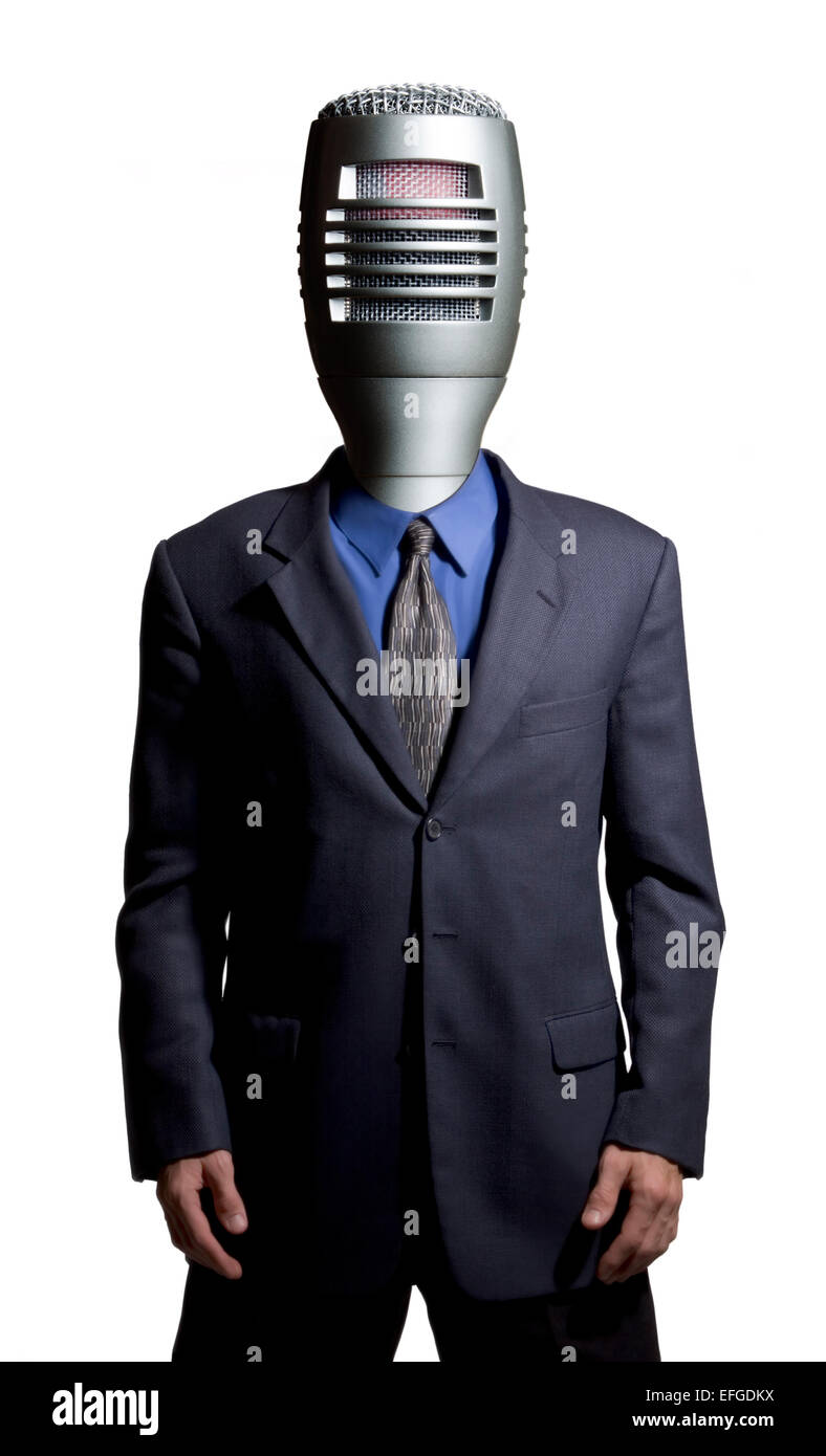 Businessman with a microphone as a head Stock Photo - Alamy