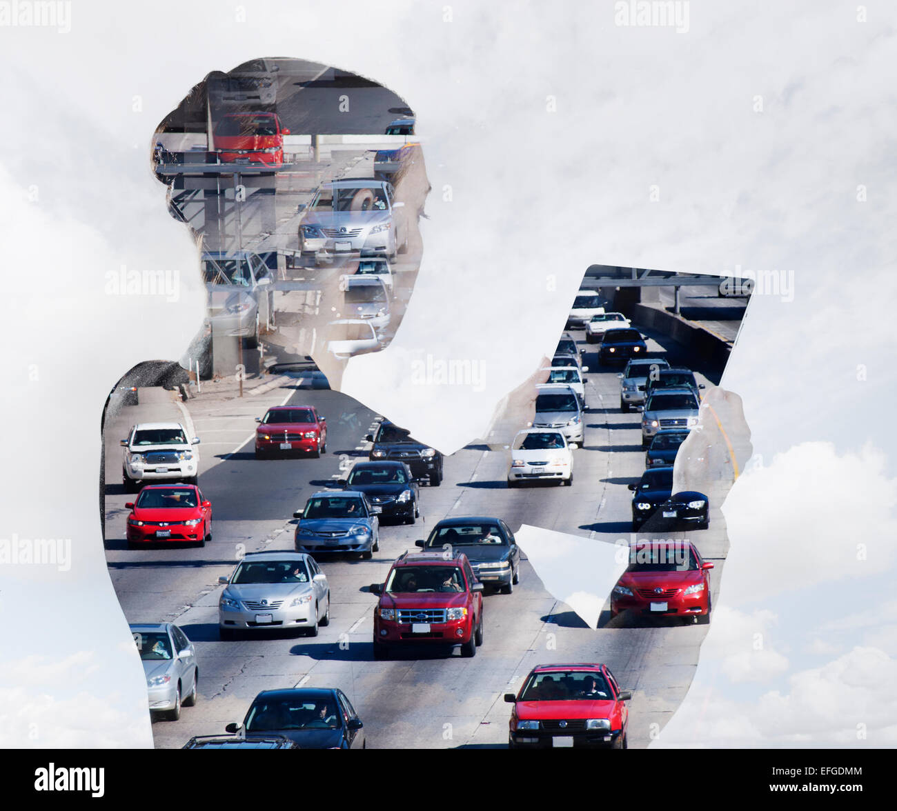 Woman with digital tablet composited with images of traffic Stock Photo ...