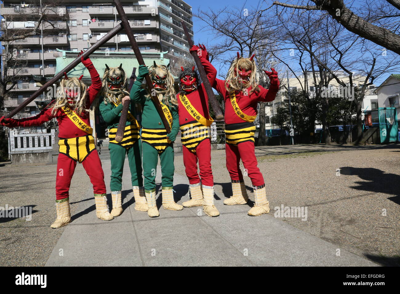 Tokyo, Japan. 3rd Feb, 2015. Color-costumed devils pose at a local ...