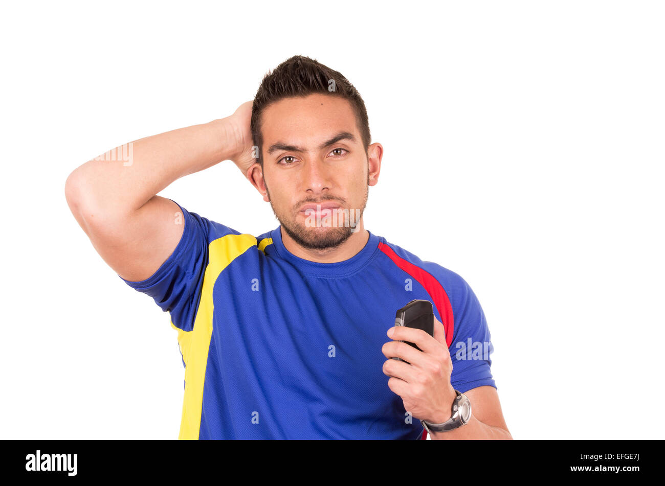 angry soccer fan wearing blue t-shirt watching game Stock Photo - Alamy