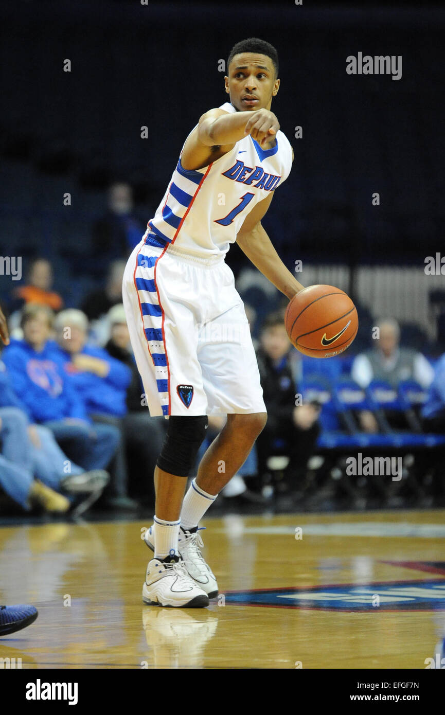 February 3, 2015: Darrick Wood of the DePaul Blue Demons directs his ...