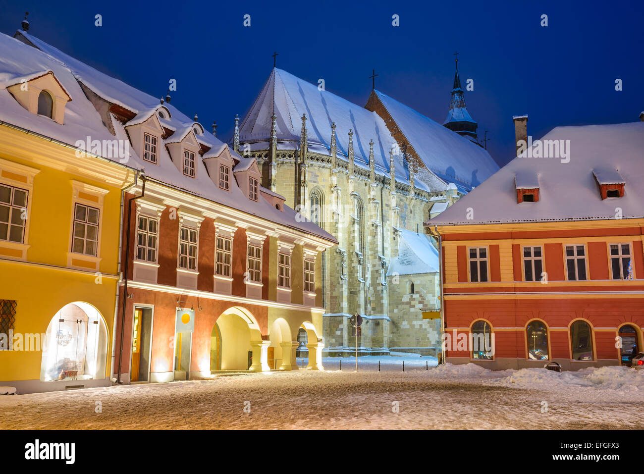 Brasov, Romania. Night image of Black Church built in medieval times in ...