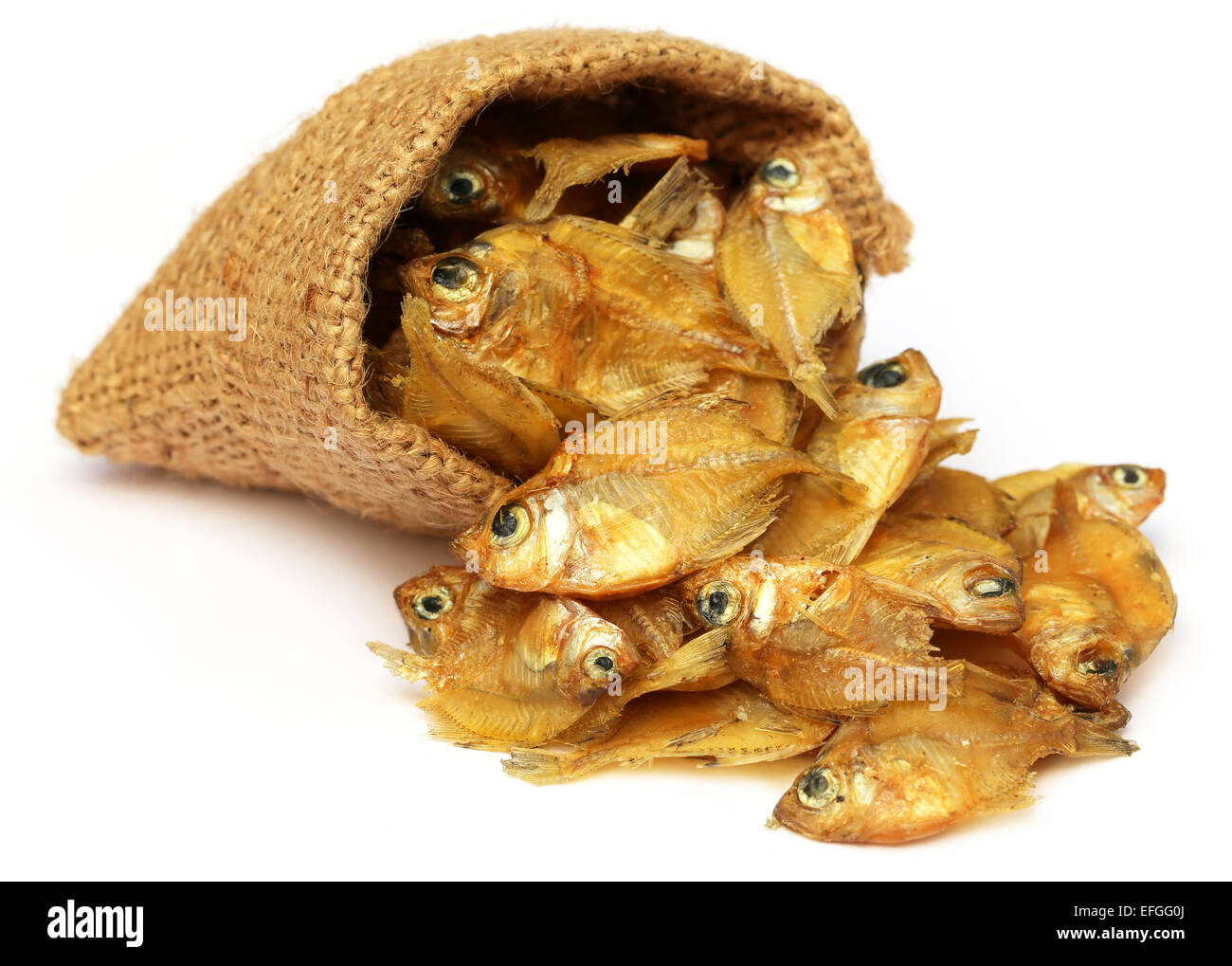 Dried Elongate glassy perchlet in a sack bag over white background ...