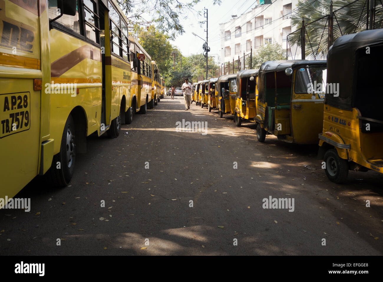 Indian School Buses and Auto Rickshaws Stock Photo - Alamy